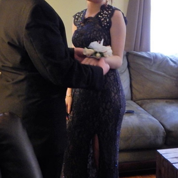 David's Bridal | Dresses | Lace Steel Blue Prom Dress | Poshmark